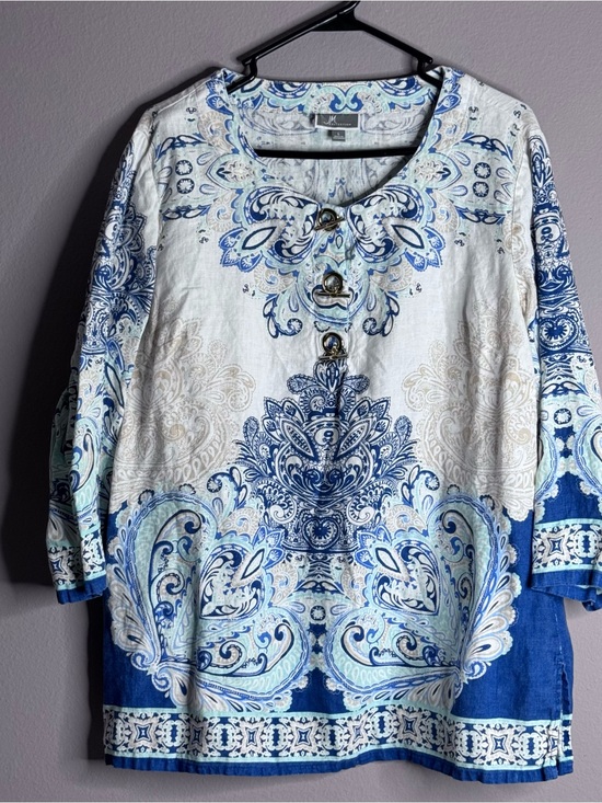 JM Collection | Tops | Jm Collection White Blue Paisley Toggle ...